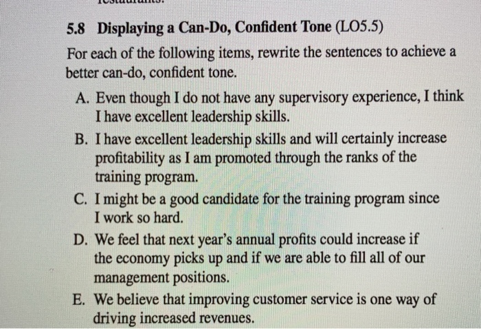 Solved 5.8 Displaying a Can-Do, Confident Tone (LO5.5) For | Chegg.com