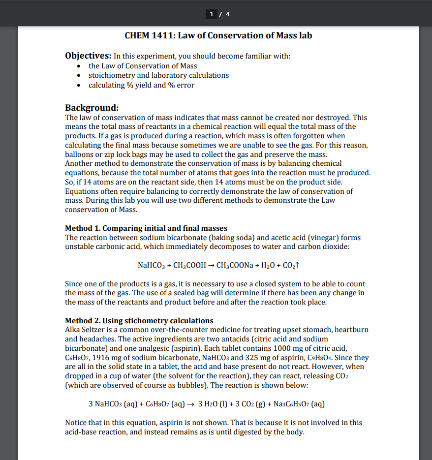Solved 1 / 4 CHEM 1411: Law of Conservation of Mass lab | Chegg.com