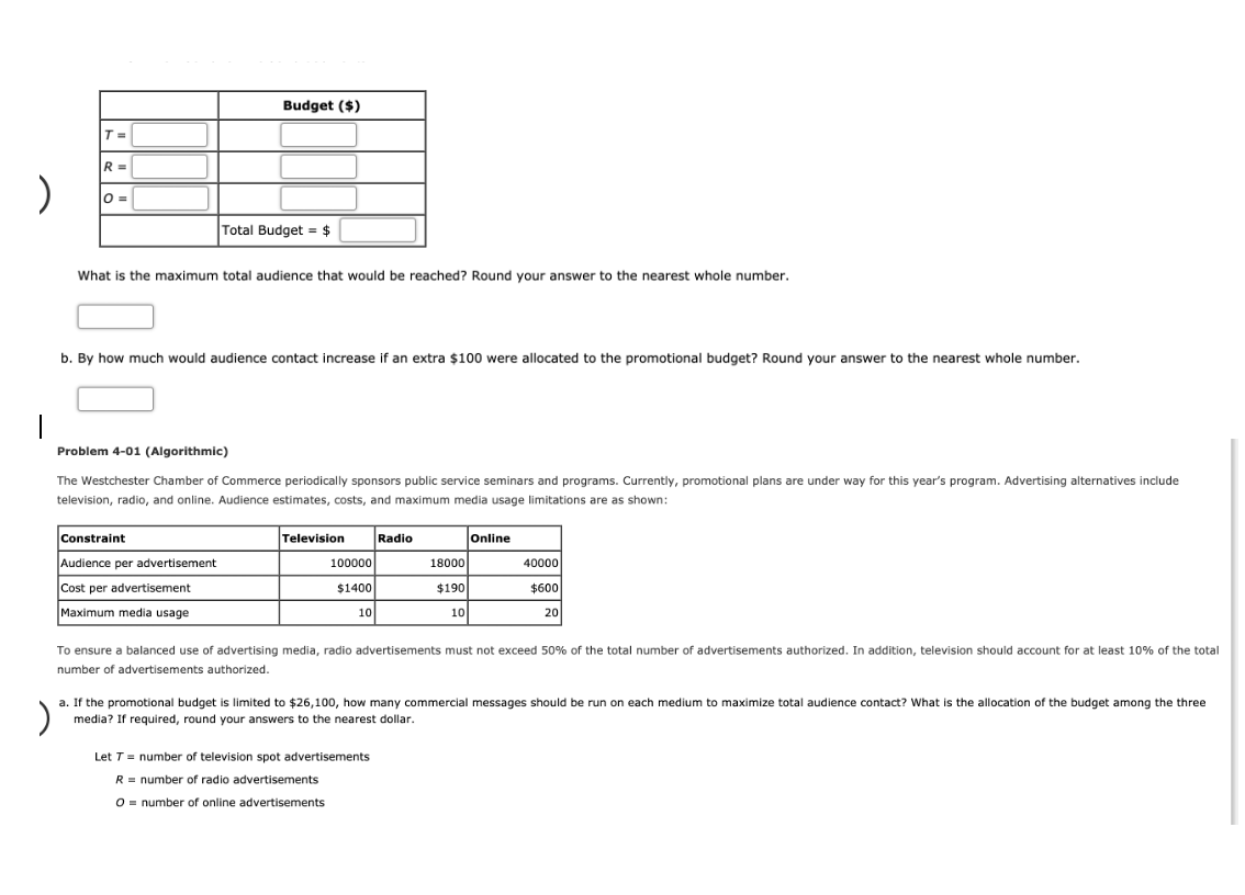 Solved Budget ($) TE R = J ) O = Total Budget = $ What is | Chegg.com