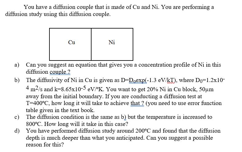 You have a diffusion couple that is made of Cu and | Chegg.com