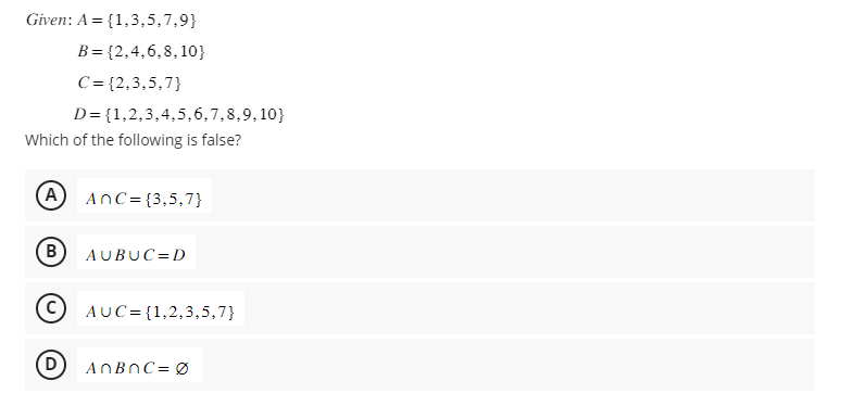 Solved Which of the following is true? (A) {a,b,c}⊂{a,b,c} | Chegg.com