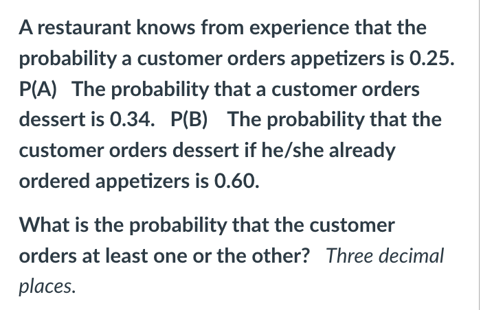 Solved A restaurant knows from experience that the | Chegg.com