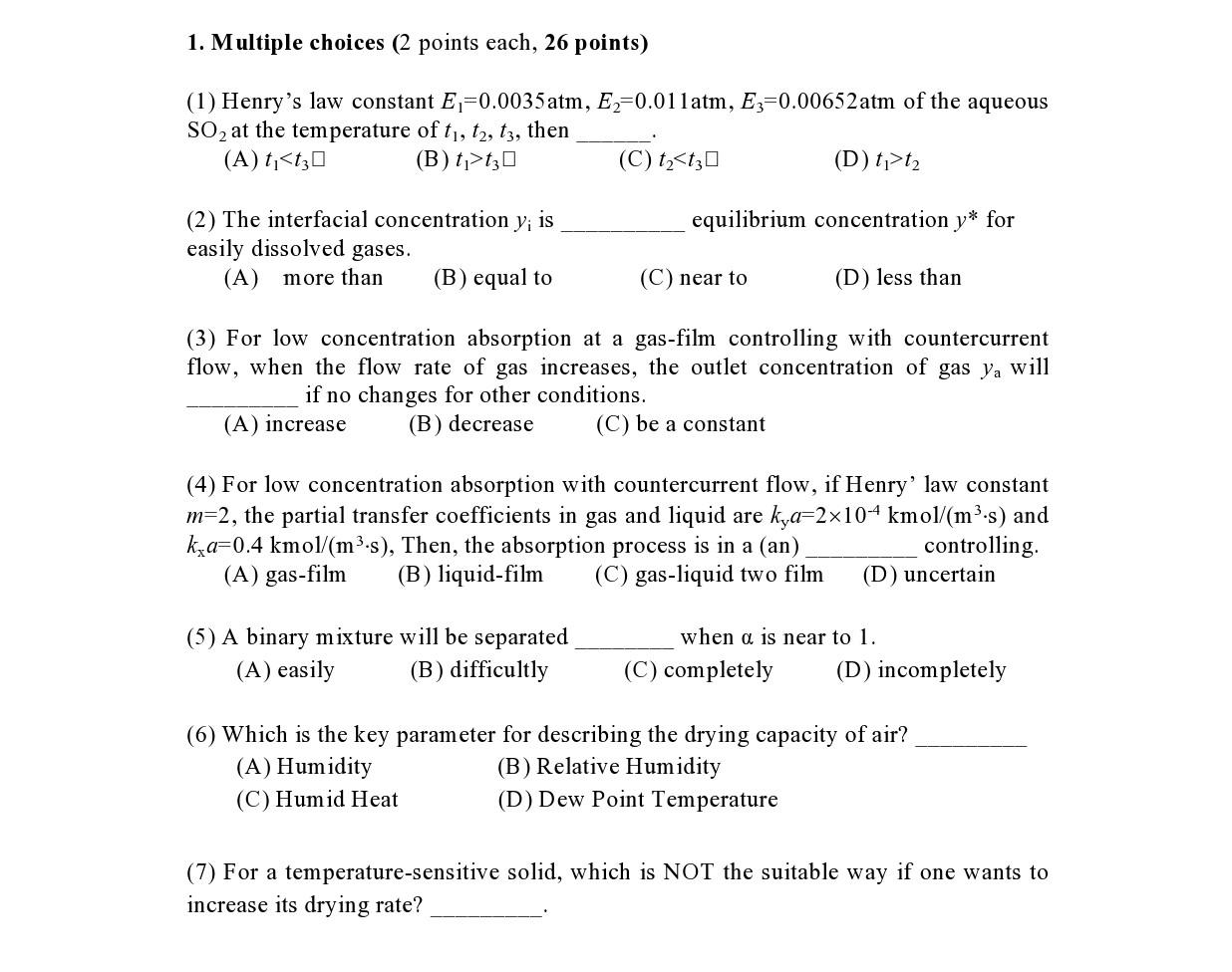 Solved 1. Multiple choices (2 points each, 26 points) (1) | Chegg.com