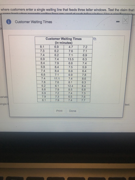 Solved The data table contains waiting times of customers at | Chegg.com