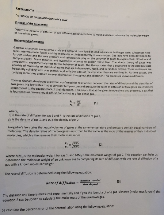 Solved EXPERIMENT 9 DIFFUSION OF GASES AND GRAHAM'S LAW | Chegg.com