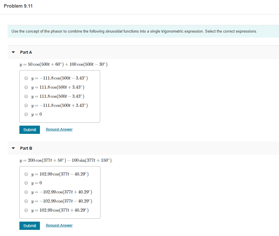 Solved Problem 9.11 Use the concept of the phasor to combine | Chegg.com