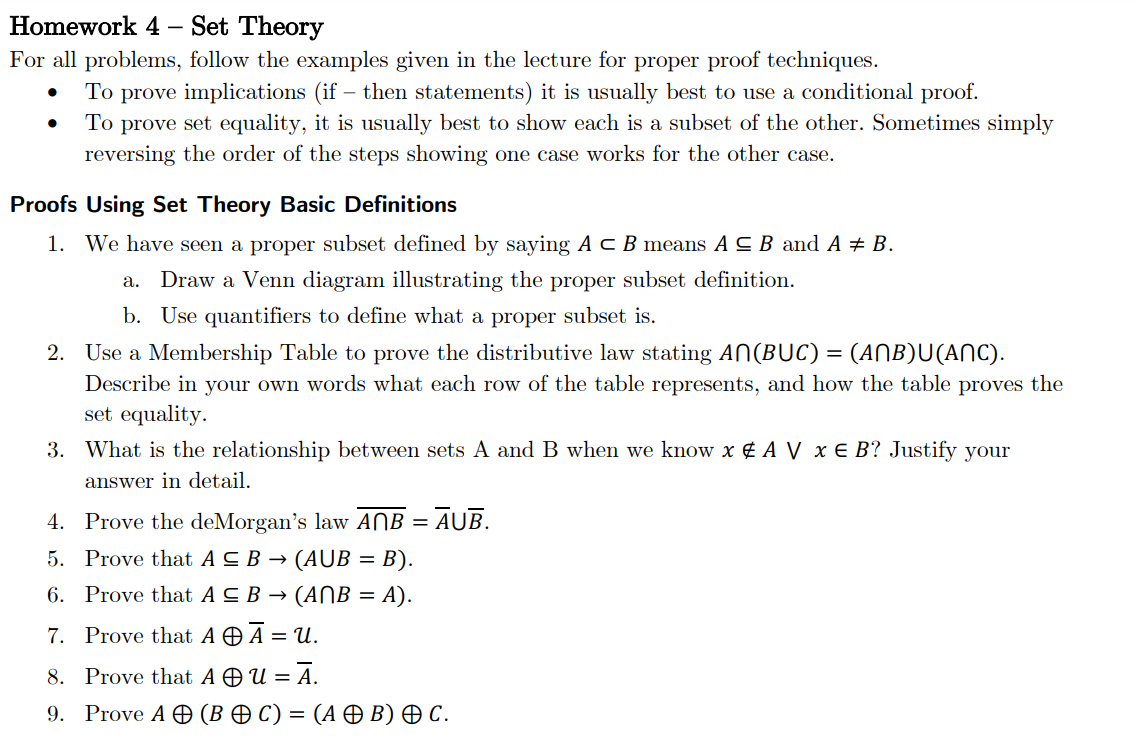 Solved Homework 4 - Set Theory For all problems, follow the | Chegg.com