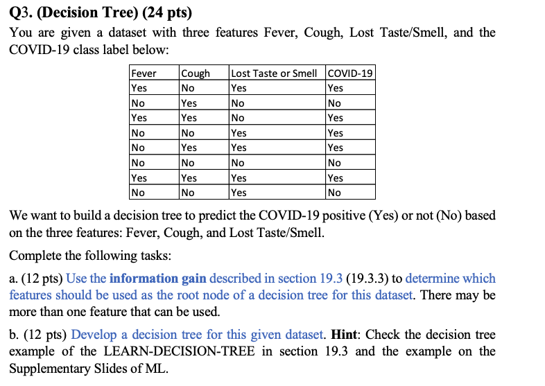 Solved Q3. (Decision Tree) (24 pts) You are given a dataset | Chegg.com
