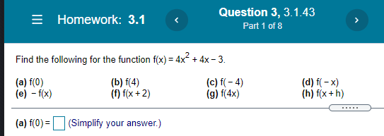 Solved = Homework: 3.1 Question 3, 3.1.43 Part 1 of 8 Find | Chegg.com