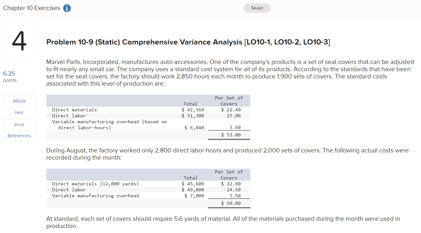 Solved Problem 10-9 (Static) Comprehensive Variance Analysis | Chegg.com