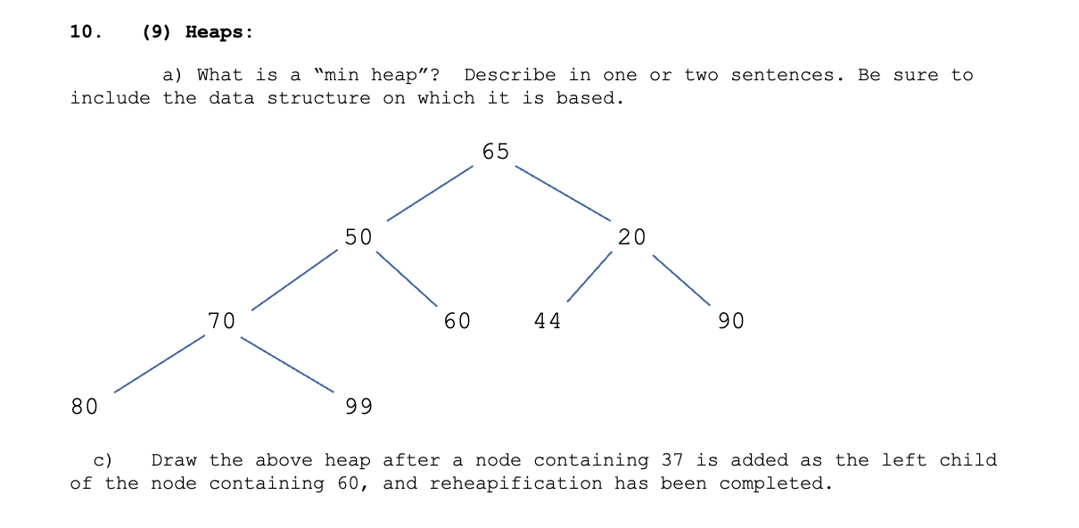 Solved 10. (9) Heaps: a) What is a "min heap" ? Describe in | Chegg.com