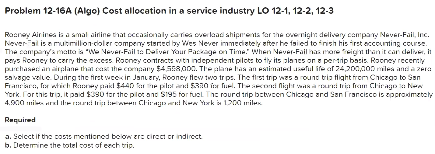 Solved Problem 12-16A (Algo) Cost allocation in a service | Chegg.com