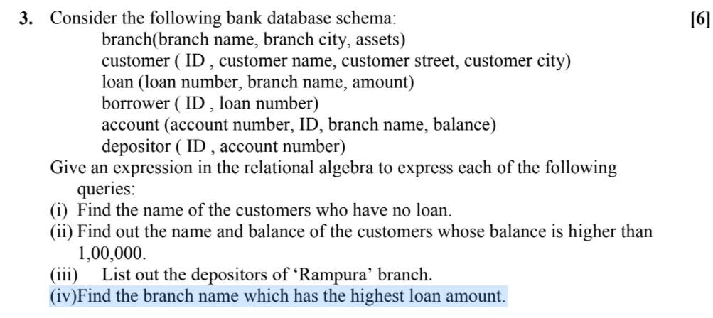 Solved [6] 3. Consider the following bank database schema: | Chegg.com