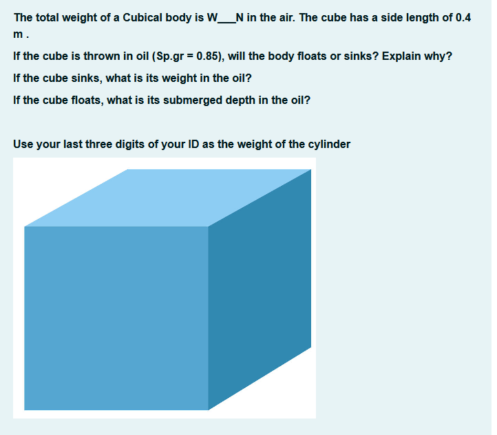Solved The total weight of a Cubical body is W N in the air. | Chegg.com