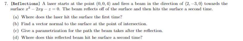 Solved 7. [Reflections] A laser starts at the point (0,0,4) | Chegg.com