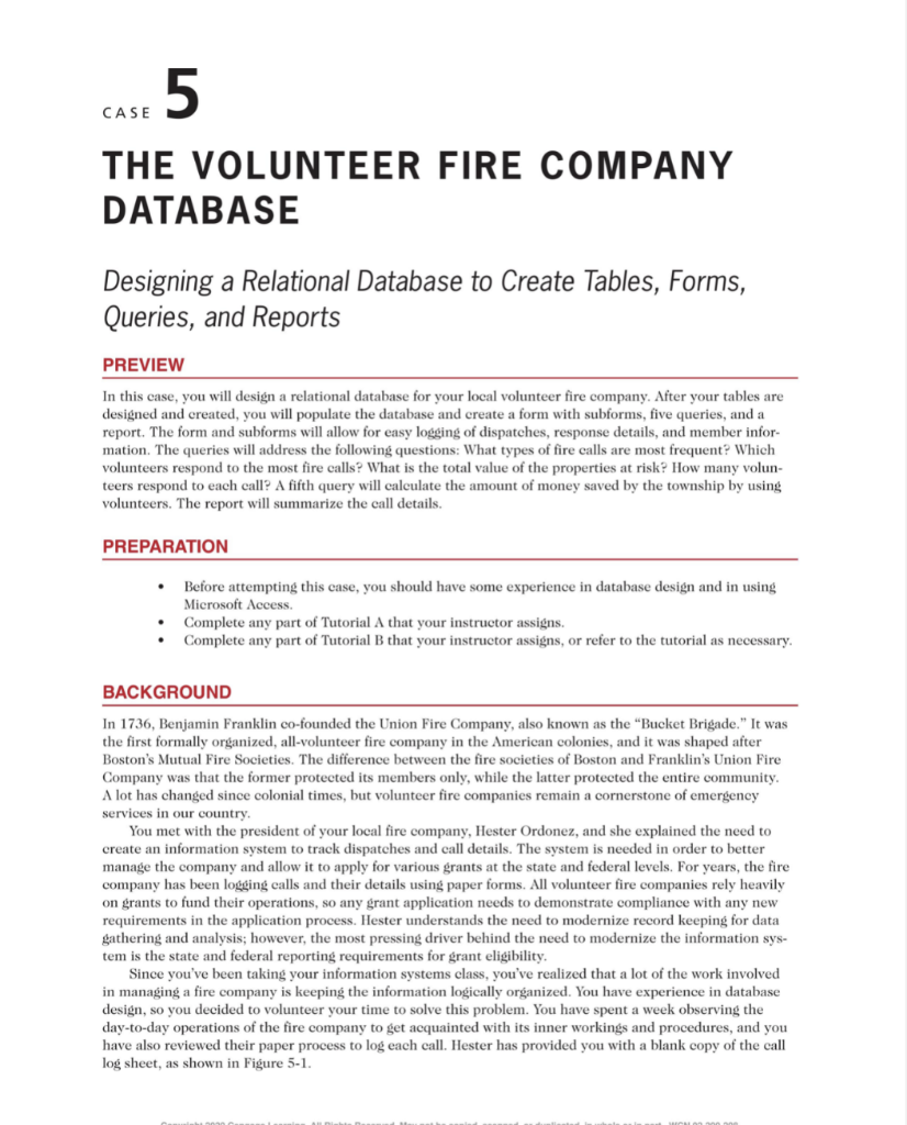 Solved 5 CASE THE VOLUNTEER FIRE COMPANY DATABASE Designing | Chegg.com