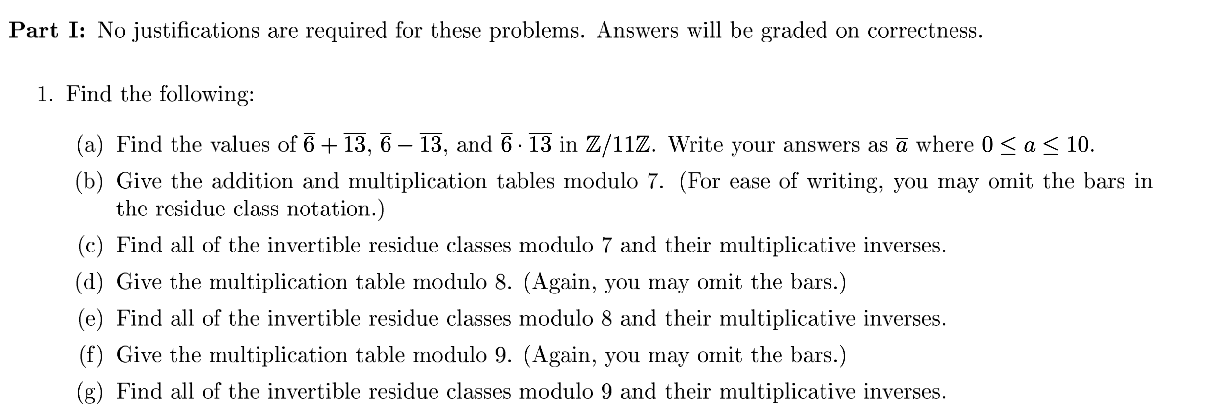 Solved Part I: No ﻿justifications are required for these | Chegg.com