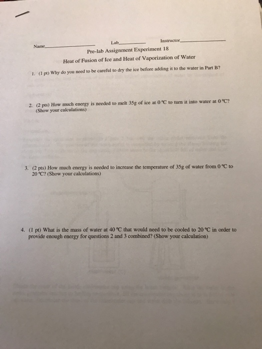 Solved Instructor Name Pre-lab Assignment Experiment 18 Heat | Chegg.com
