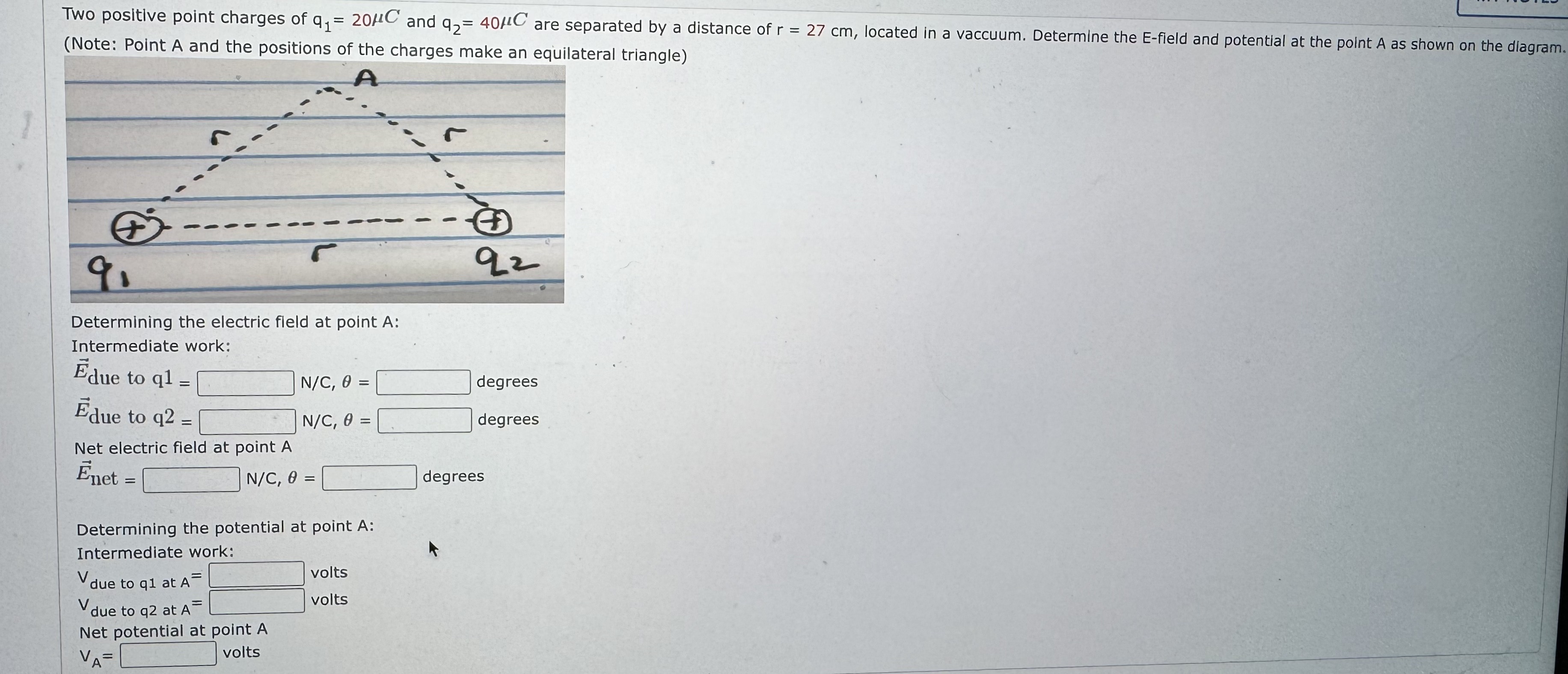 Solved Two positive point charges of q1= 20mu C and q2= 40mu | Chegg.com