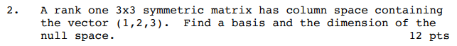 Solved 2. A rank one 3x3 symmetric matrix has column space | Chegg.com