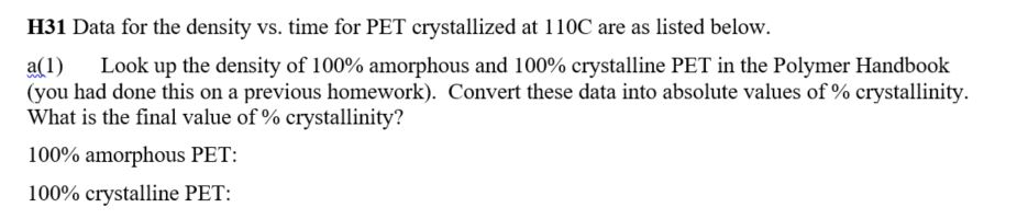 H31 Data for the density vs. time for PET | Chegg.com