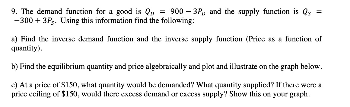 Solved 9. The demand function for a good is QD=900−3PD and | Chegg.com