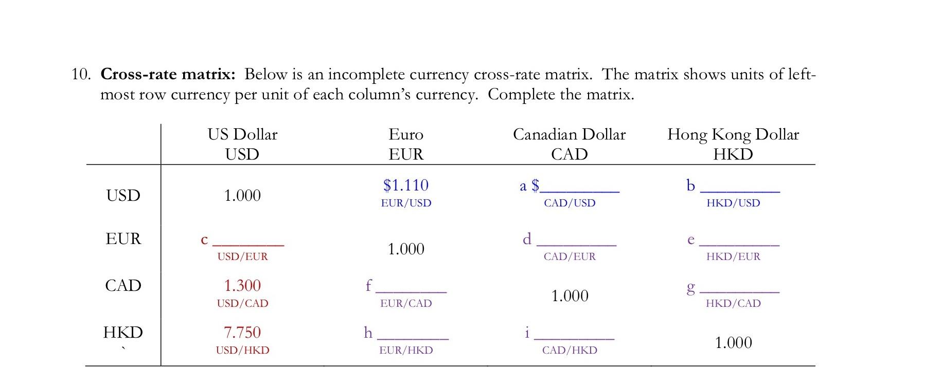 Solved 10. Cross-rate matrix: Below is an incomplete | Chegg.com