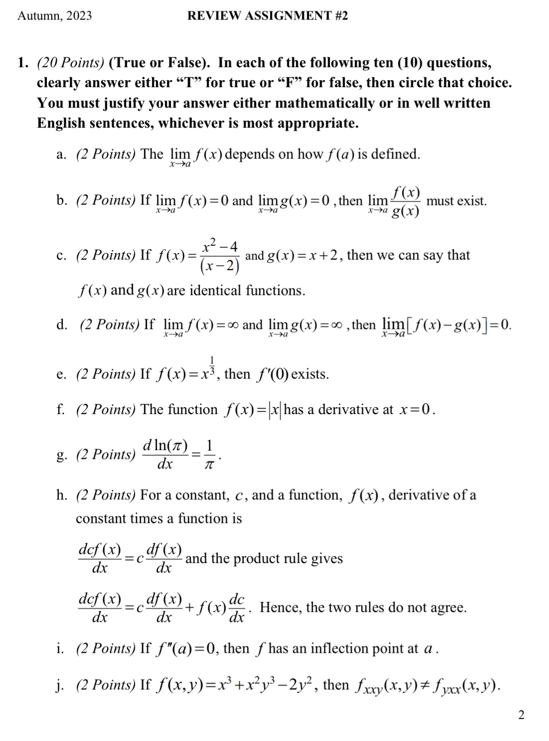 Solved 20 Points) (True or False). In each of the following | Chegg.com