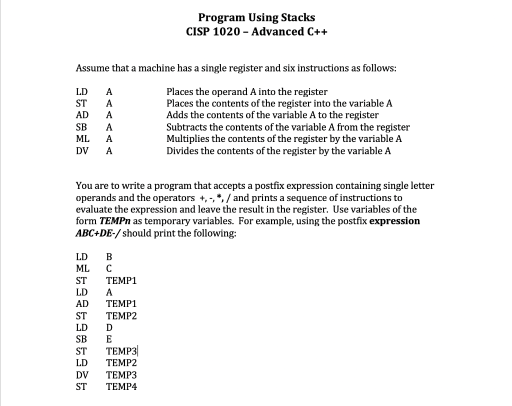 Solved Program Using Stacks CISP 1020 Advanced C++ Assume | Chegg.com