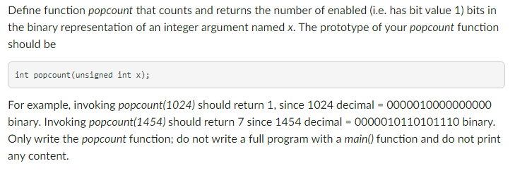 Solved Define function popcount that counts and returns the | Chegg.com
