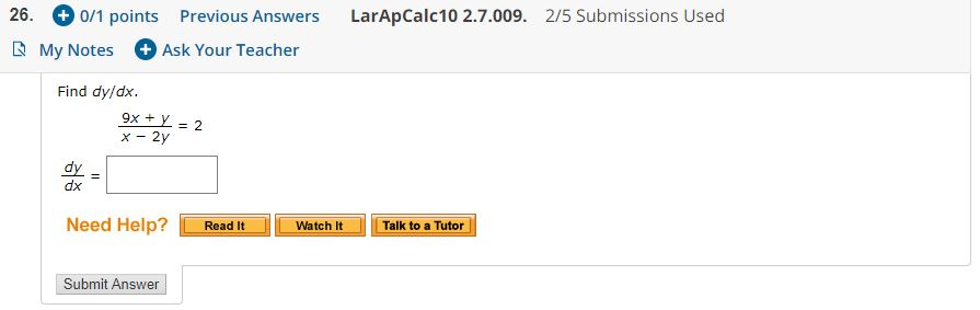 Solved LarApCalc10 2.7.009. 2/5 Submissions Used 26. 0/1 | Chegg.com