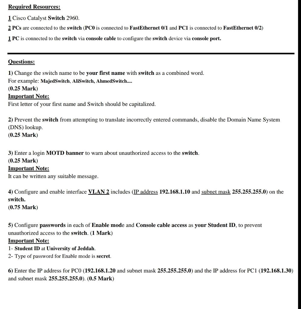 Solved Required Resources: 1 Cisco Catalyst Switch 2960. | Chegg.com