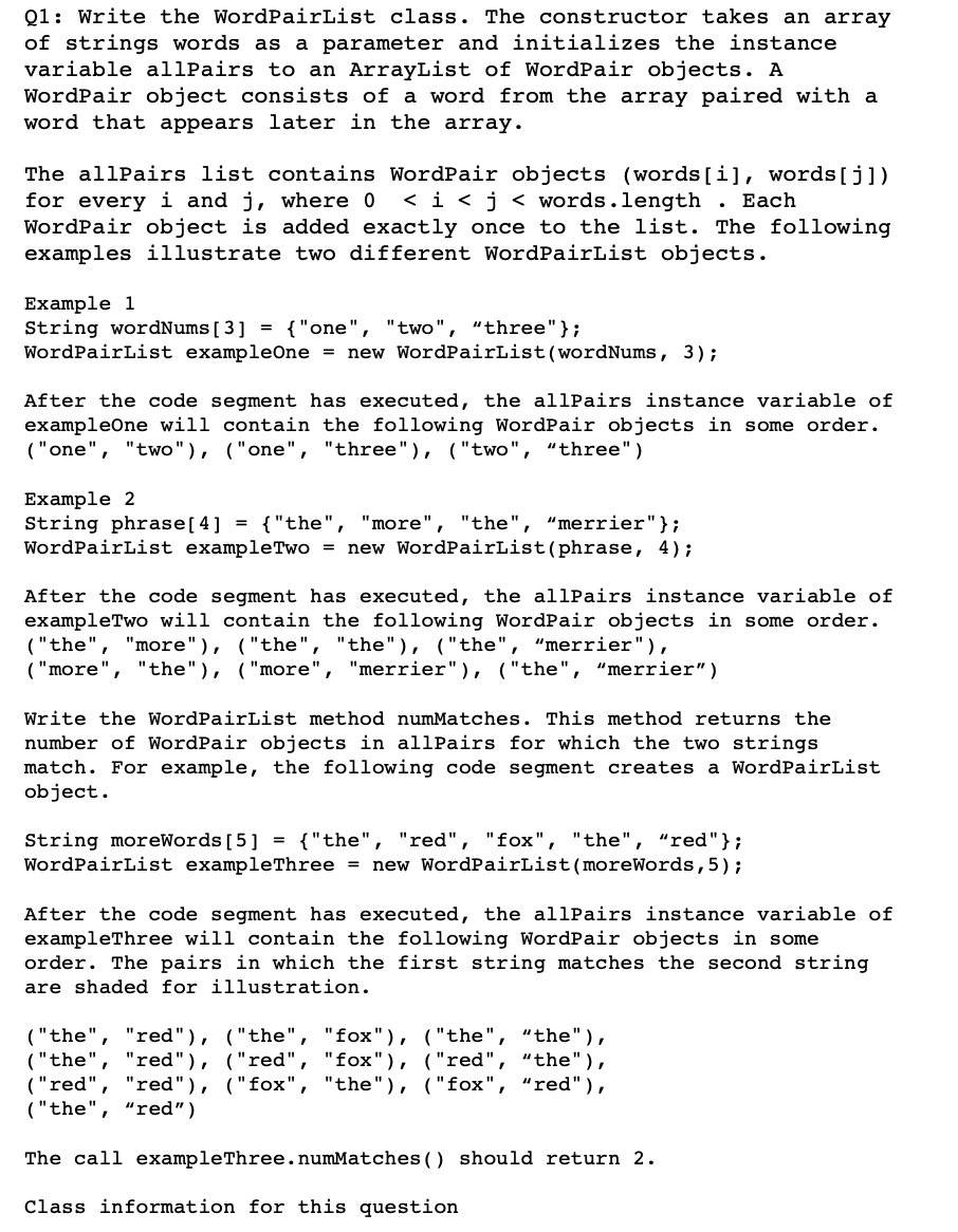 Solved Q1: Write the WordPairList class. The constructor | Chegg.com