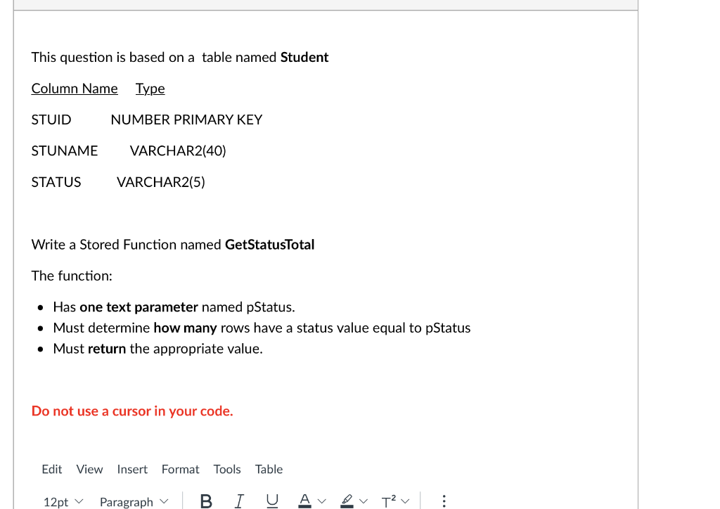 Solved This question is based on a table named Student | Chegg.com