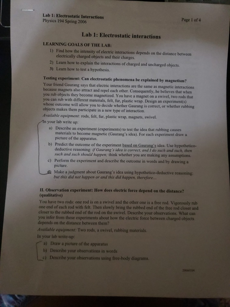 Lab 1: Electrostatic Interactions Physics 194 Spring | Chegg.com