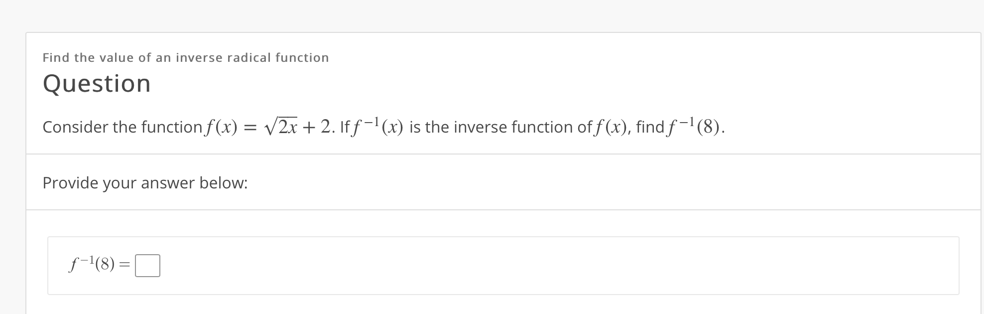 Solved Find the value of an inverse radical function | Chegg.com