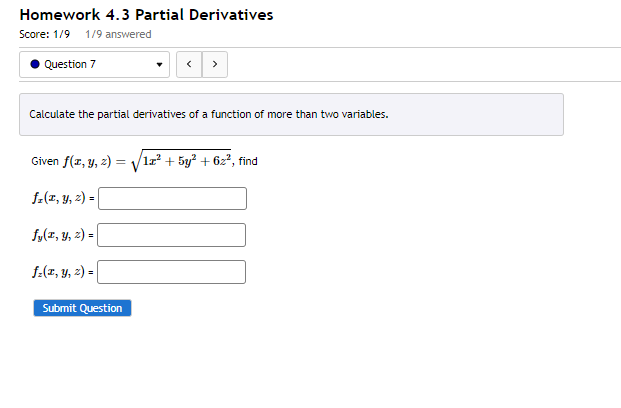 Solved Homework 4.3 Partial Derivatives Score: 1/9 1/9 | Chegg.com