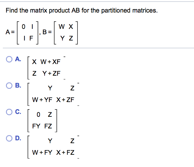 Solved Find the matrix product AB for the partitioned | Chegg.com
