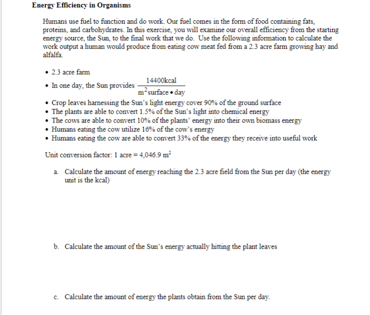 Solved Energy Efficiency in Organisms Humans use fuel to | Chegg.com