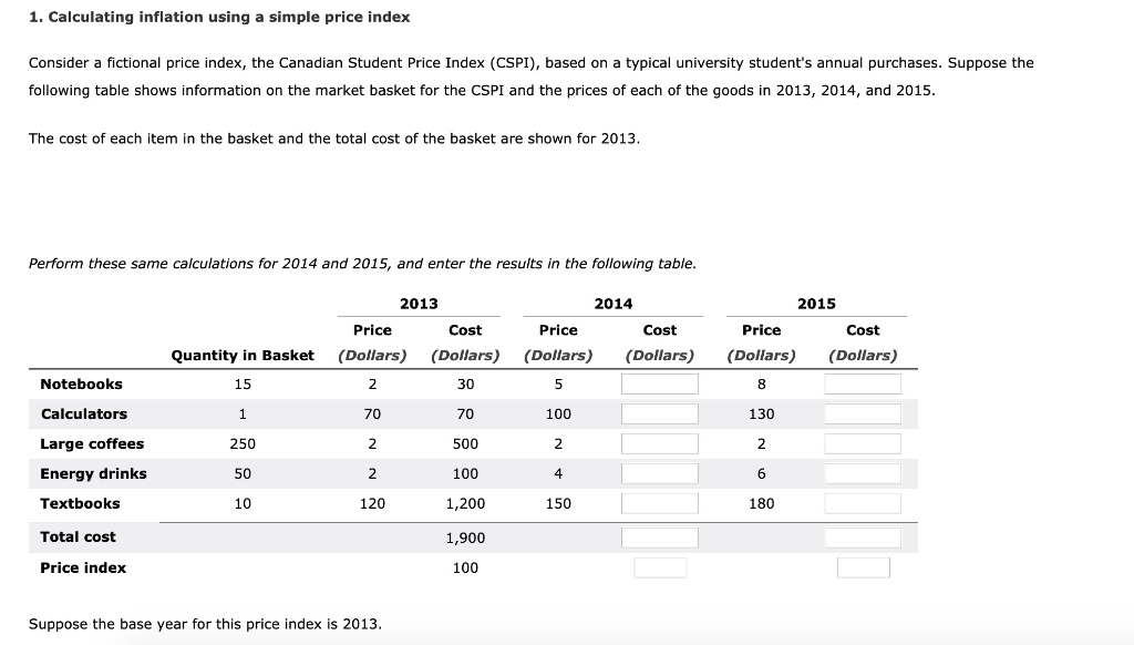 Solved 1. Calculating inflation using a simple price index | Chegg.com