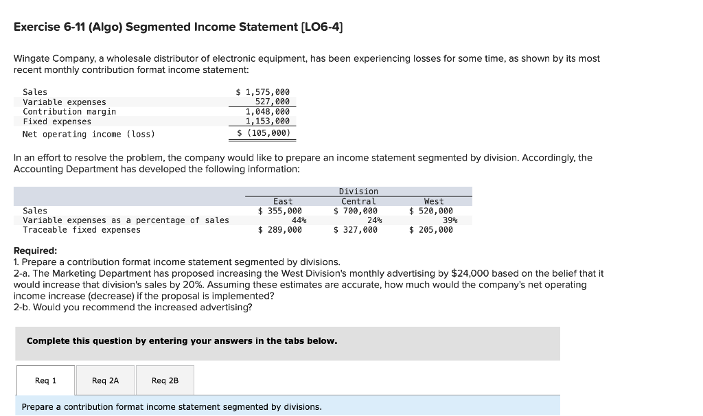 Solved Exercise 6-11 (Algo) Segmented Income Statement | Chegg.com