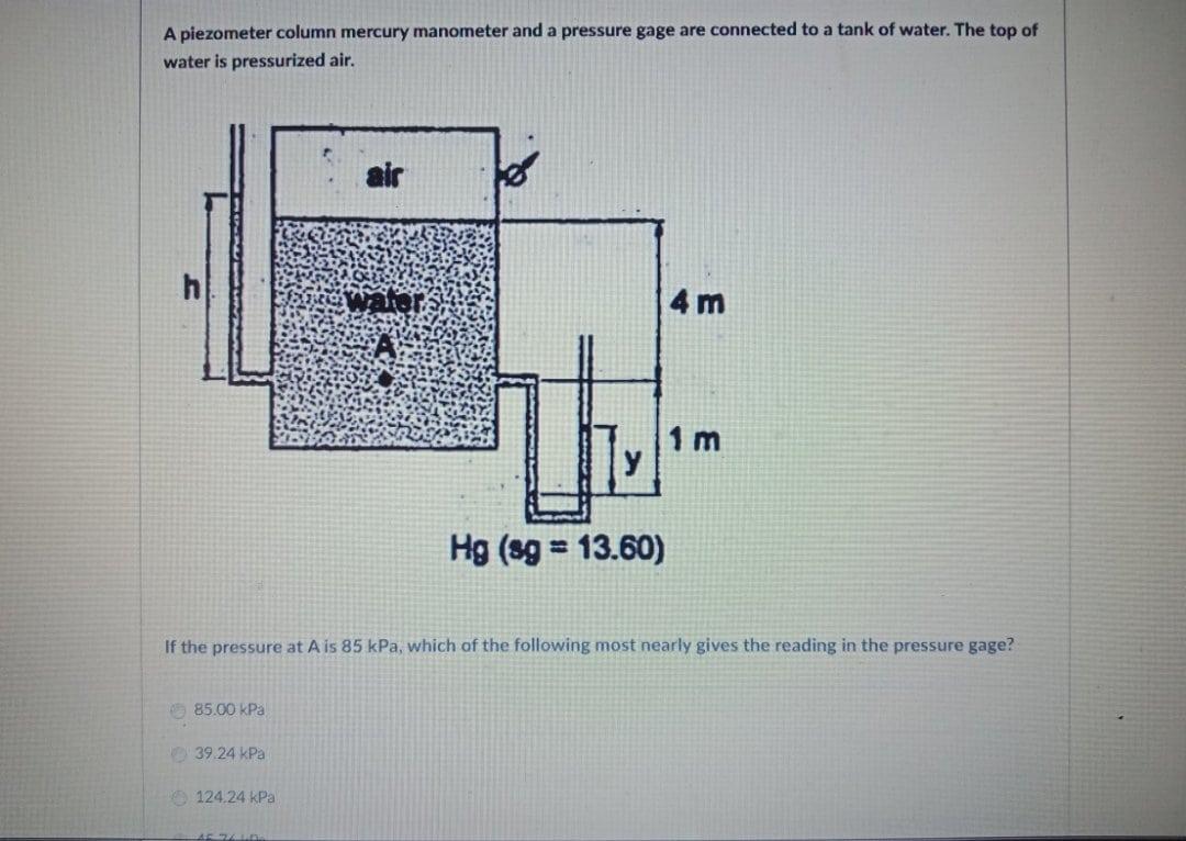 Solved A piezometer column mercury manometer and a pressure | Chegg.com
