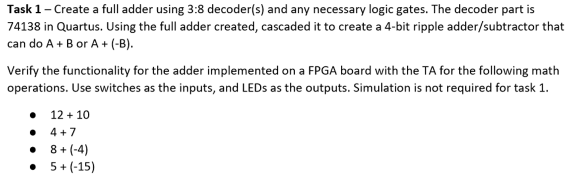 Solved Task 1 - Create a full adder using 3:8 decoder(s) and | Chegg.com