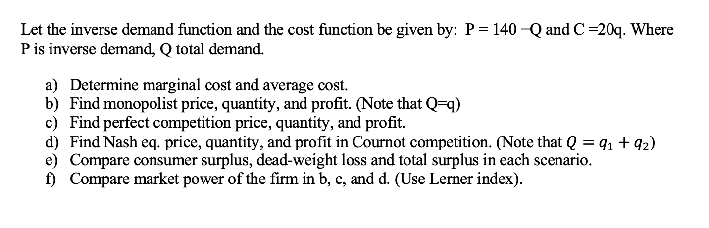 Solved Let the inverse demand function and the cost function | Chegg.com