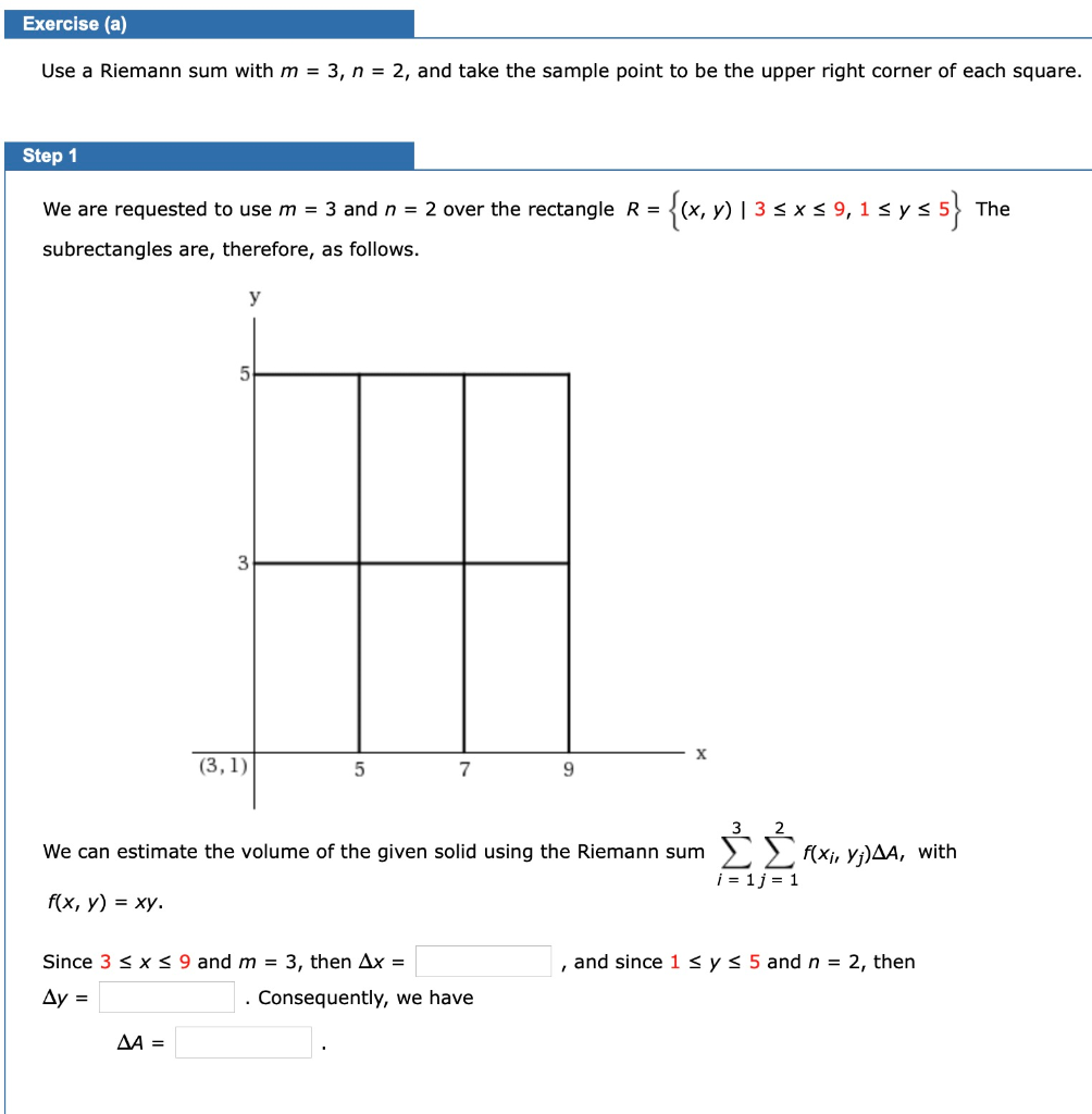 Solved Exercise (a) Use a Riemann sum with m 3, n-2, and | Chegg.com