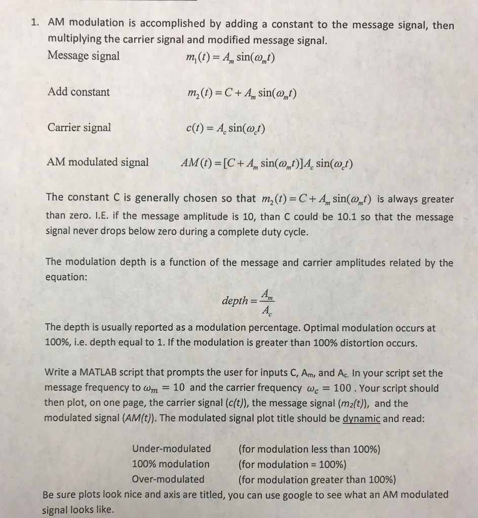 Solved 1. AM modulation is accomplished by adding a constant | Chegg.com
