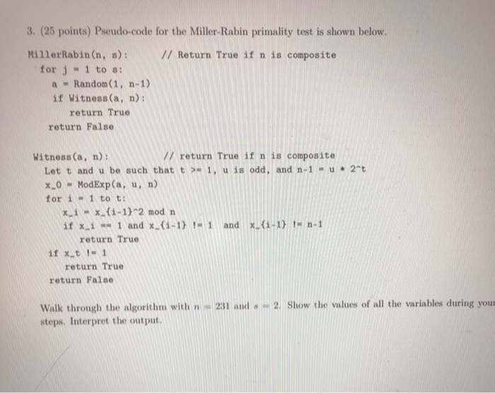 Solved 3 25 Points Pseudo Code For The Miller Rabin 