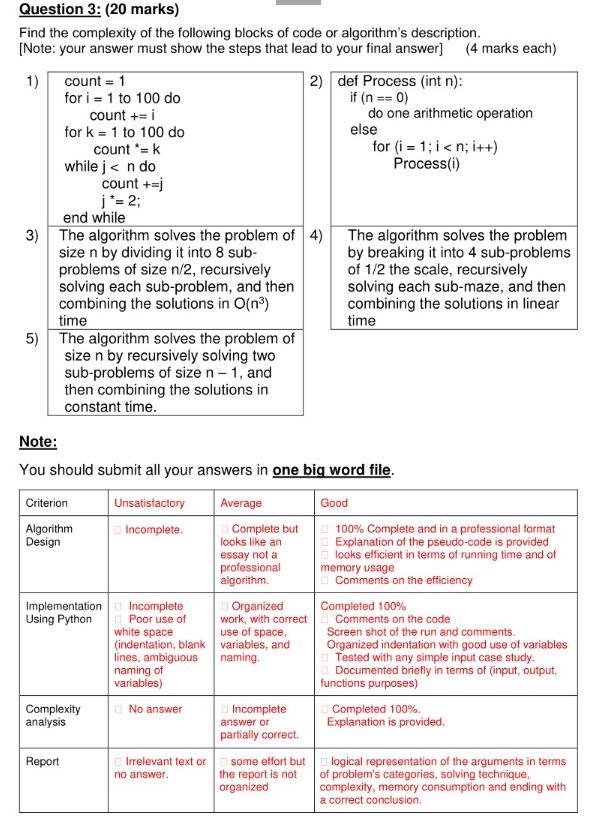 Solved Question 3: (20 marks) Find the complexity of the | Chegg.com