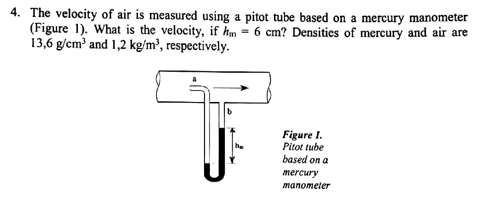 Solved 4. The velocity of air is measured using a pitot tube | Chegg.com