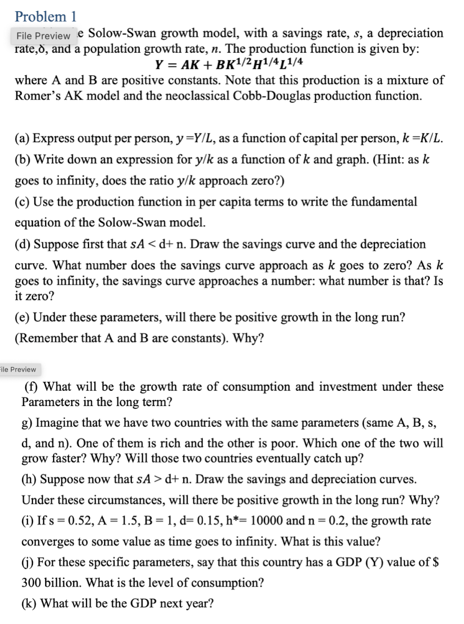Solved File Preview e Solow-Swan growth model, with a | Chegg.com
